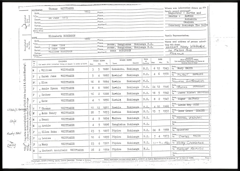 Genealogical family sheet for Thomas Whittaker and Elizabeth Robinson | Record | DigitalNZ