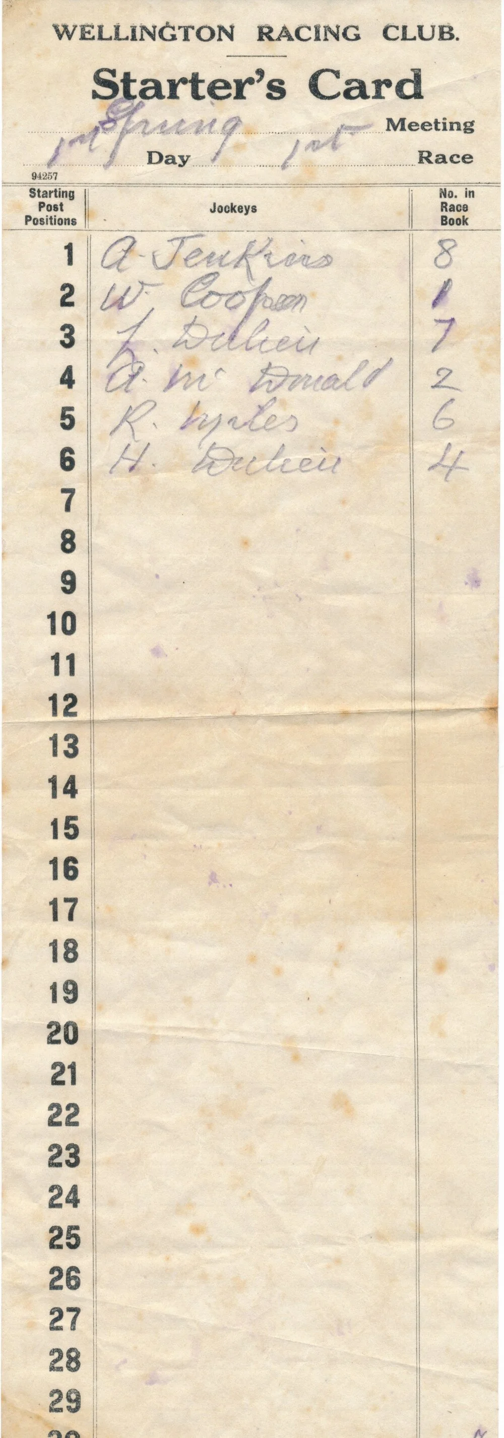 Wellington Racing Club; Starter Cards | Record | DigitalNZ