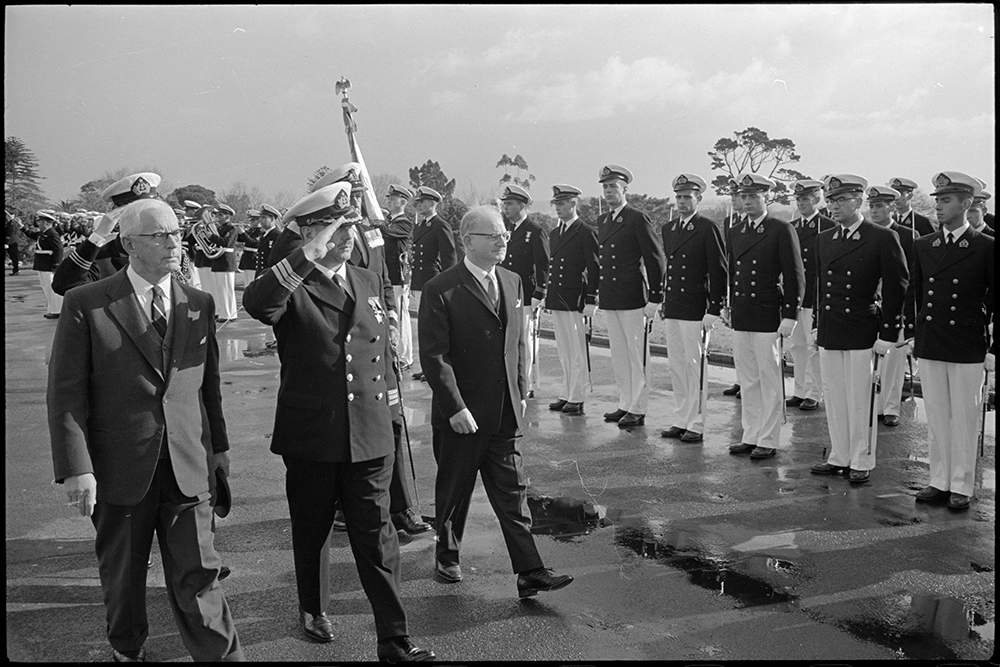 Officers of the Chilean Navy training ship Esmeralda on parade, 1961 | Record | DigitalNZ