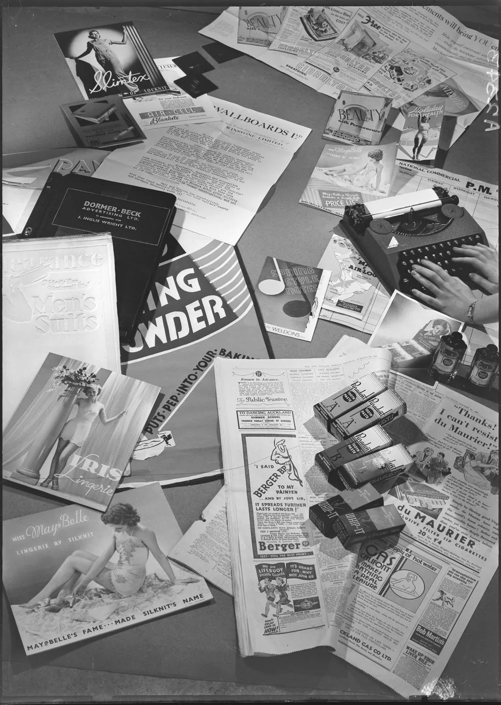 Showing various advertising brochures and toothpaste packaging for Dormer Beck Advertising, 1939 ...