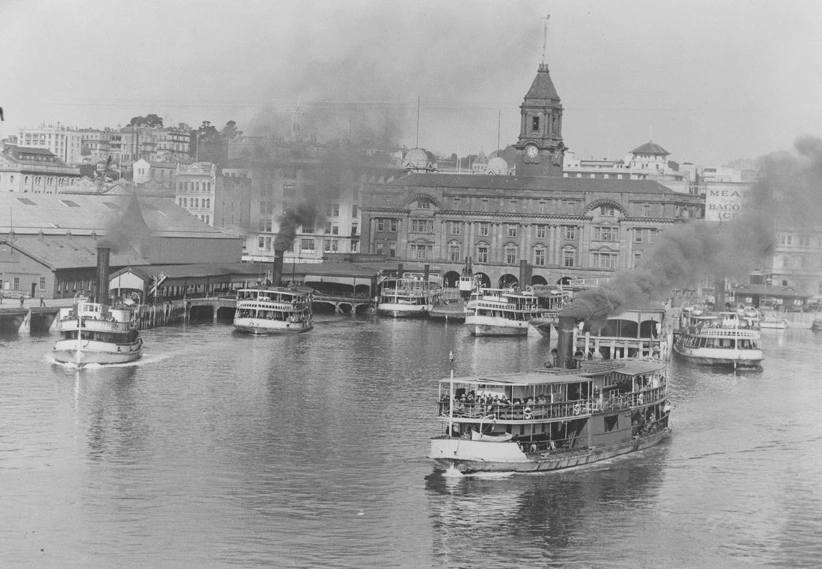 Showing a group of ferries at Ferry wharf...1936 | Record | DigitalNZ