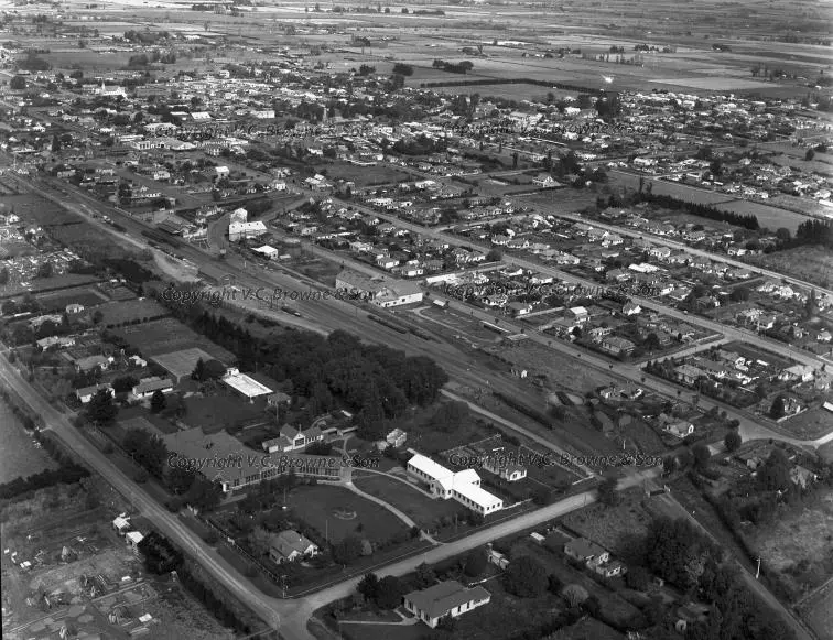 Looking SSW over Rangiora. Rangiora High School... (RR1-44/40) | Record | DigitalNZ