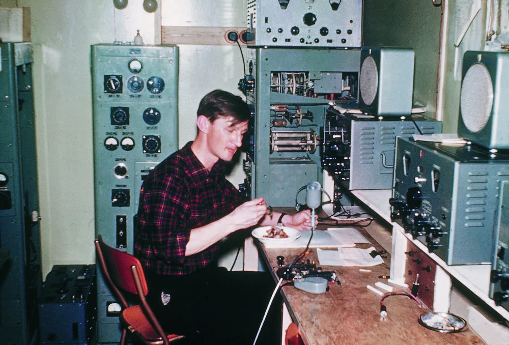 Peter Mulgrew, naval radio operator in the Scott Base radio shack ...