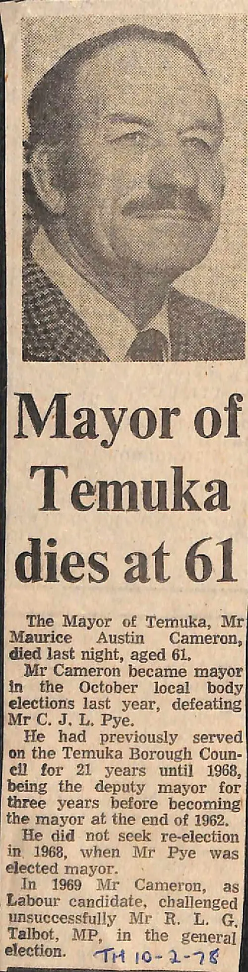 Mayor of Temuka dies at 61 | Record | DigitalNZ