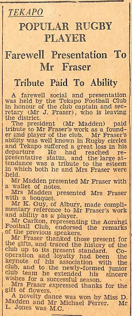 Tekapo: Popular Rugby Player, Farewell Presentation To Mr Fraser ...