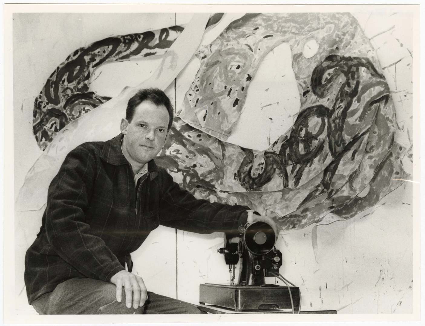 Artist Michael Armstrong with art and sewing machine | Record | DigitalNZ