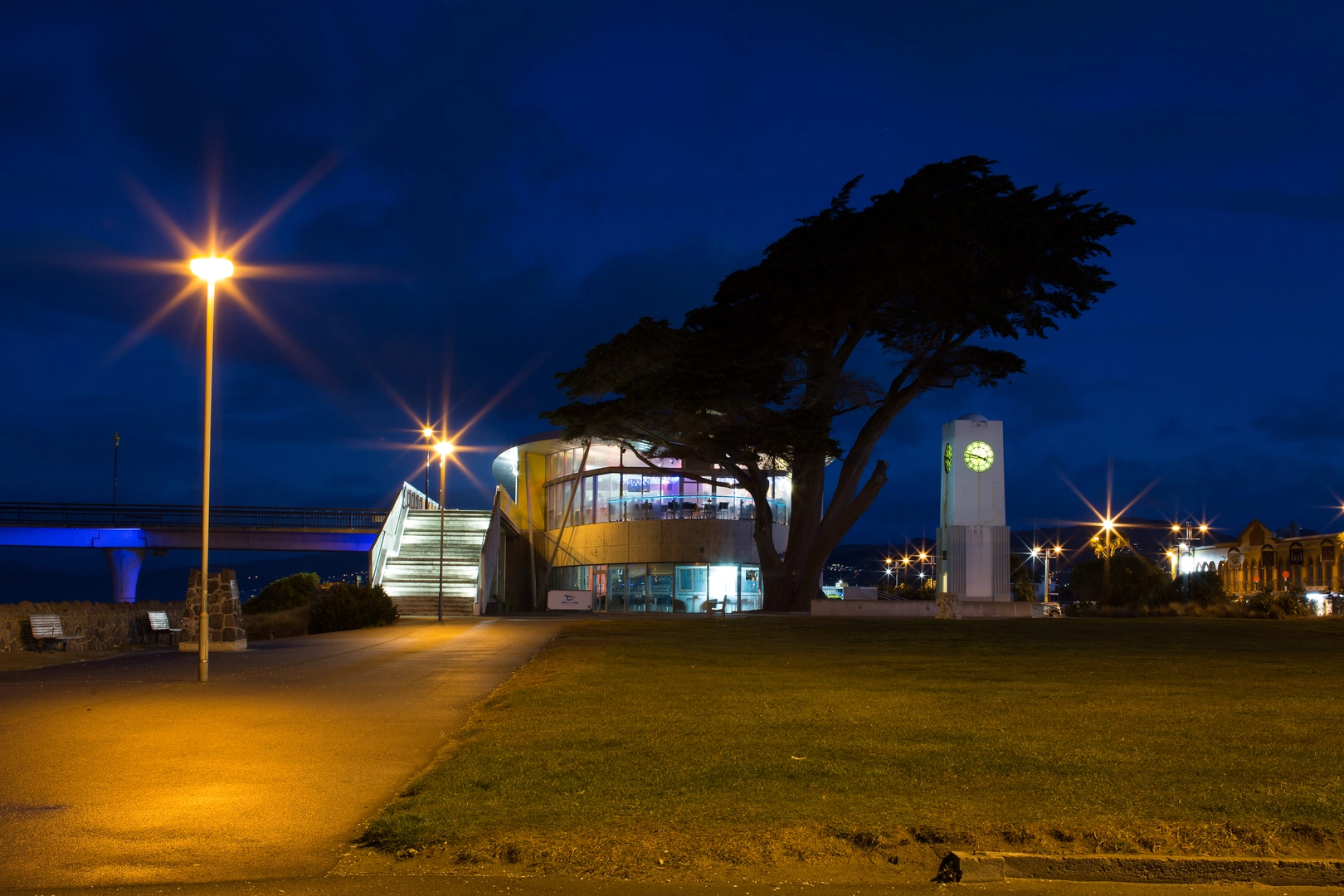 New Brighton Pier, library, and clock tower at night | Record | DigitalNZ