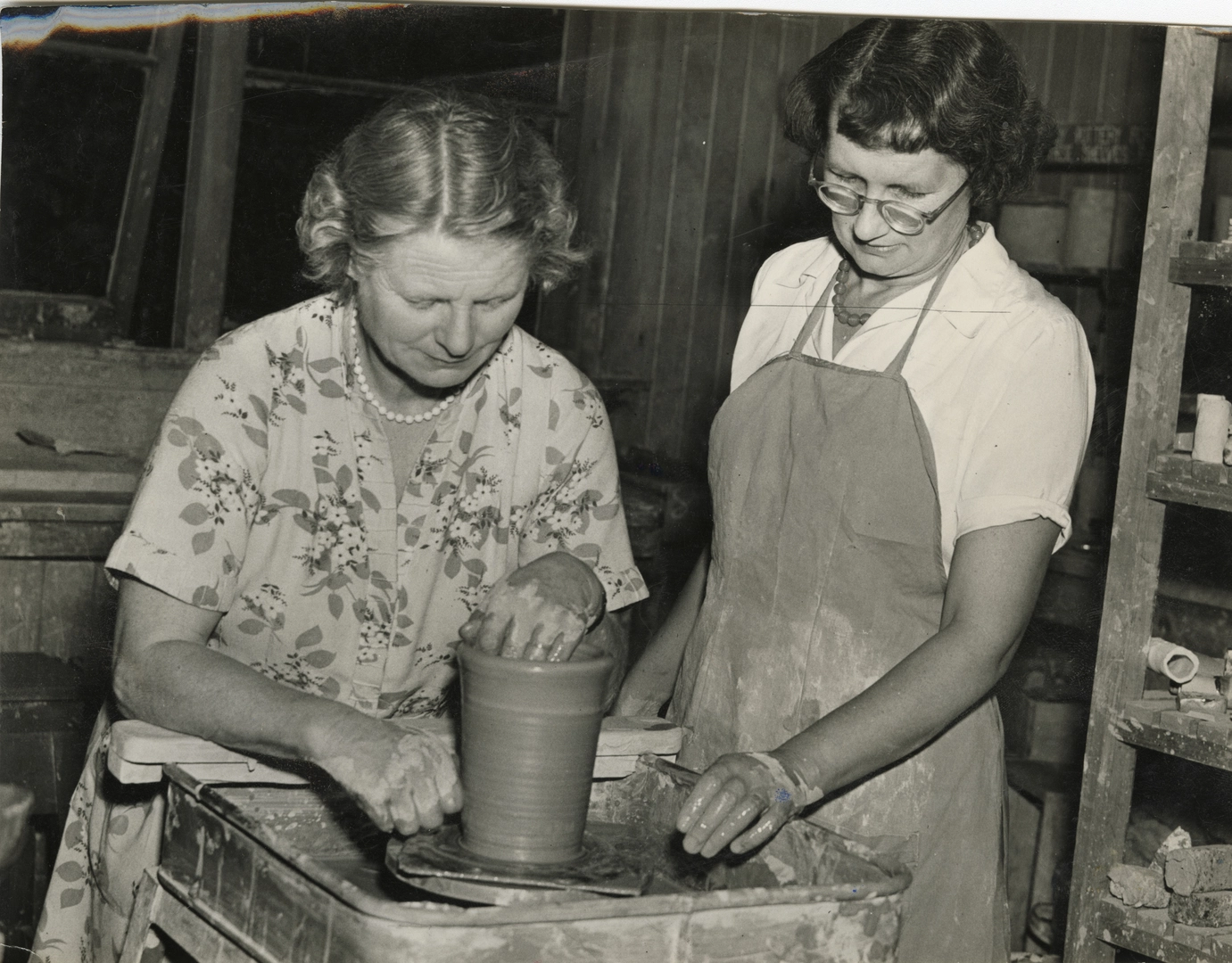 Mrs J. Lovell-Smith and Doris Holland using a potters wheel | Record | DigitalNZ