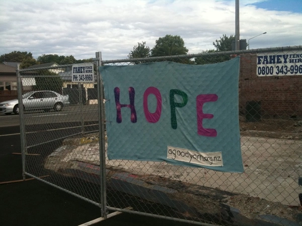 'Hope’ sign on temporary fencing | Record | DigitalNZ
