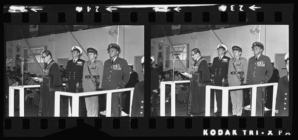 Four men in uniforms at Queens Birthday parade | Record | DigitalNZ