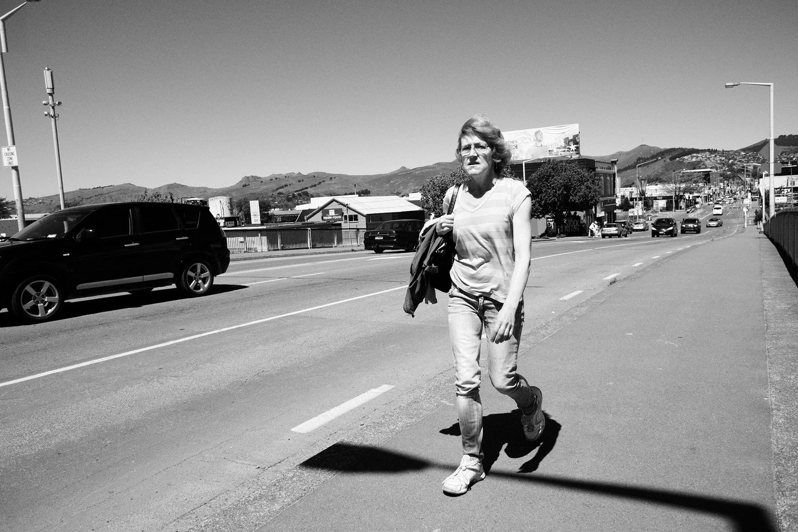 Car and pedestrian on Colombo Street overbridge | Record | DigitalNZ