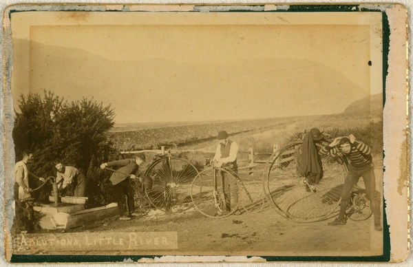 Five unidentified men using the ablutions at Little River | Record | DigitalNZ