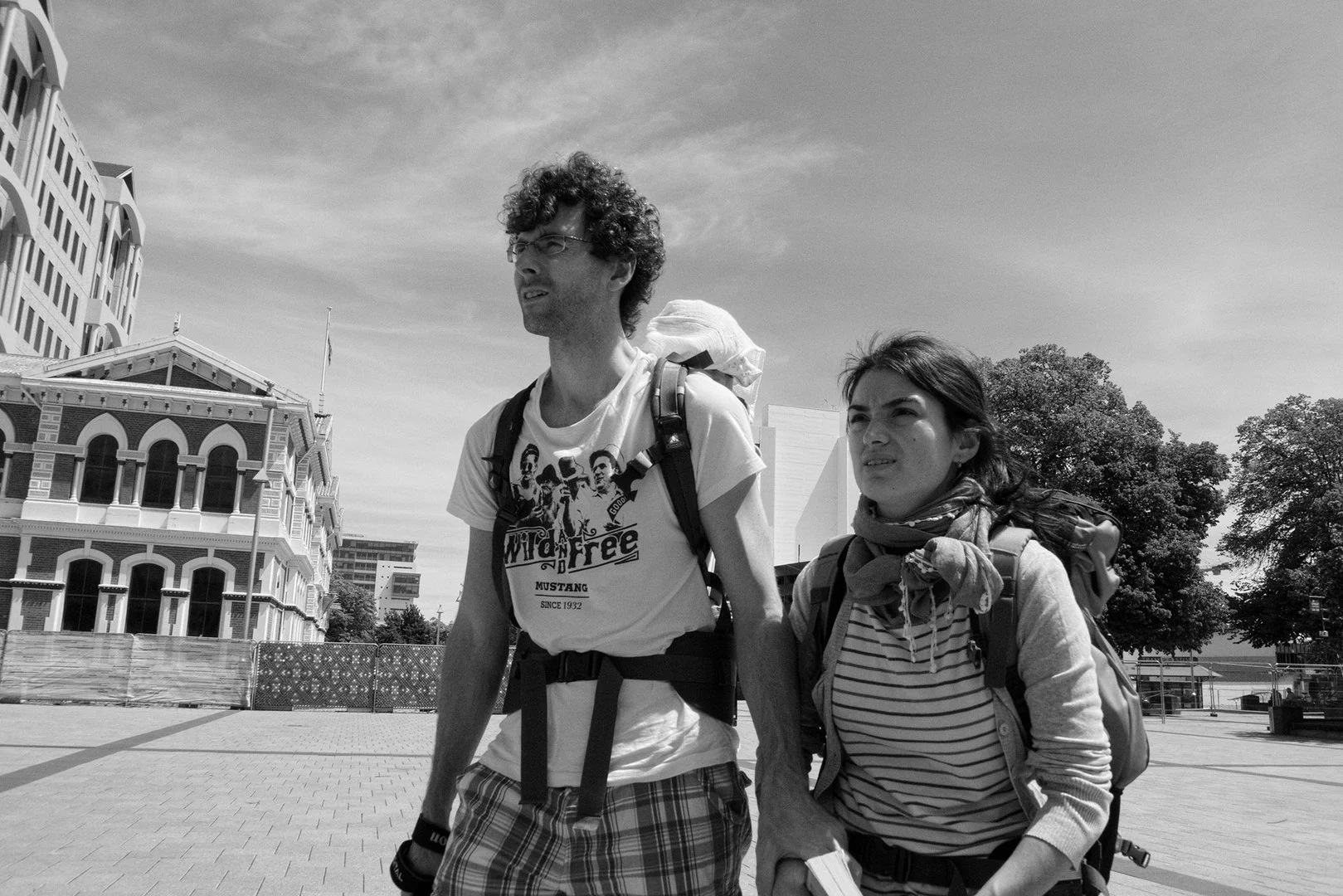 Backpacks and baby in Cathedral Square | Record | DigitalNZ