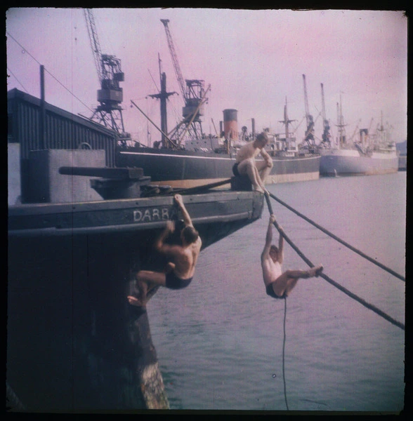 Three men playing on a barque | Record | DigitalNZ
