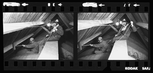 Ken Baker and Barry Barcock cleaning rafters | Record | DigitalNZ