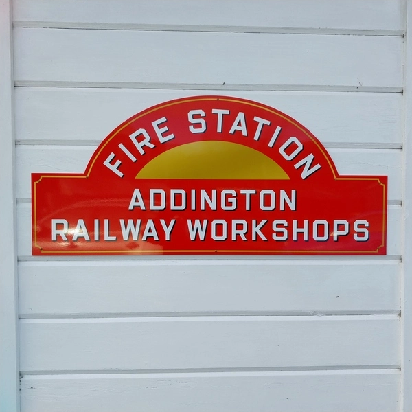 Addington Railway Workshops fire station sign | Record | DigitalNZ