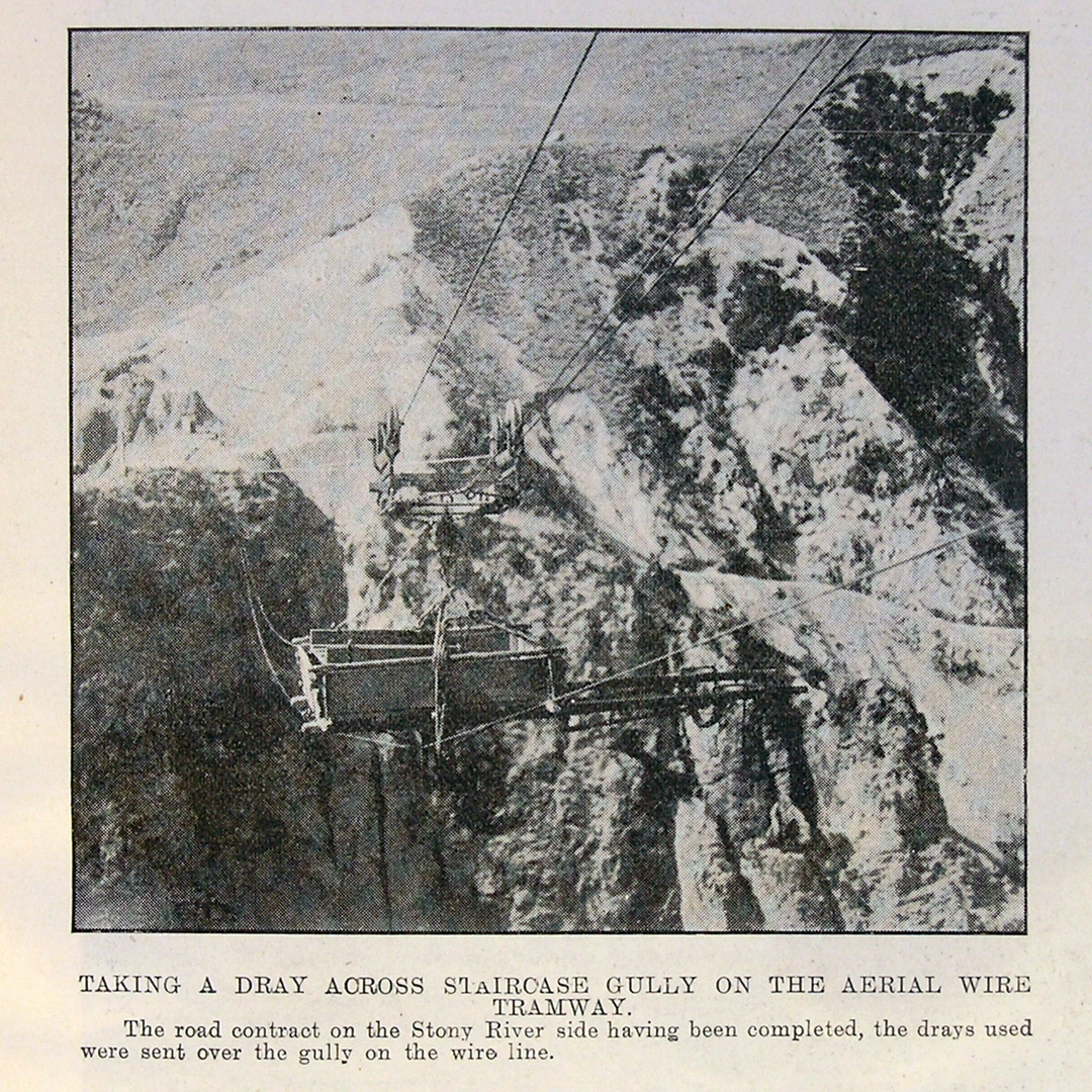Taking a dray across Staircase Gully on the aerial wire tramway ...
