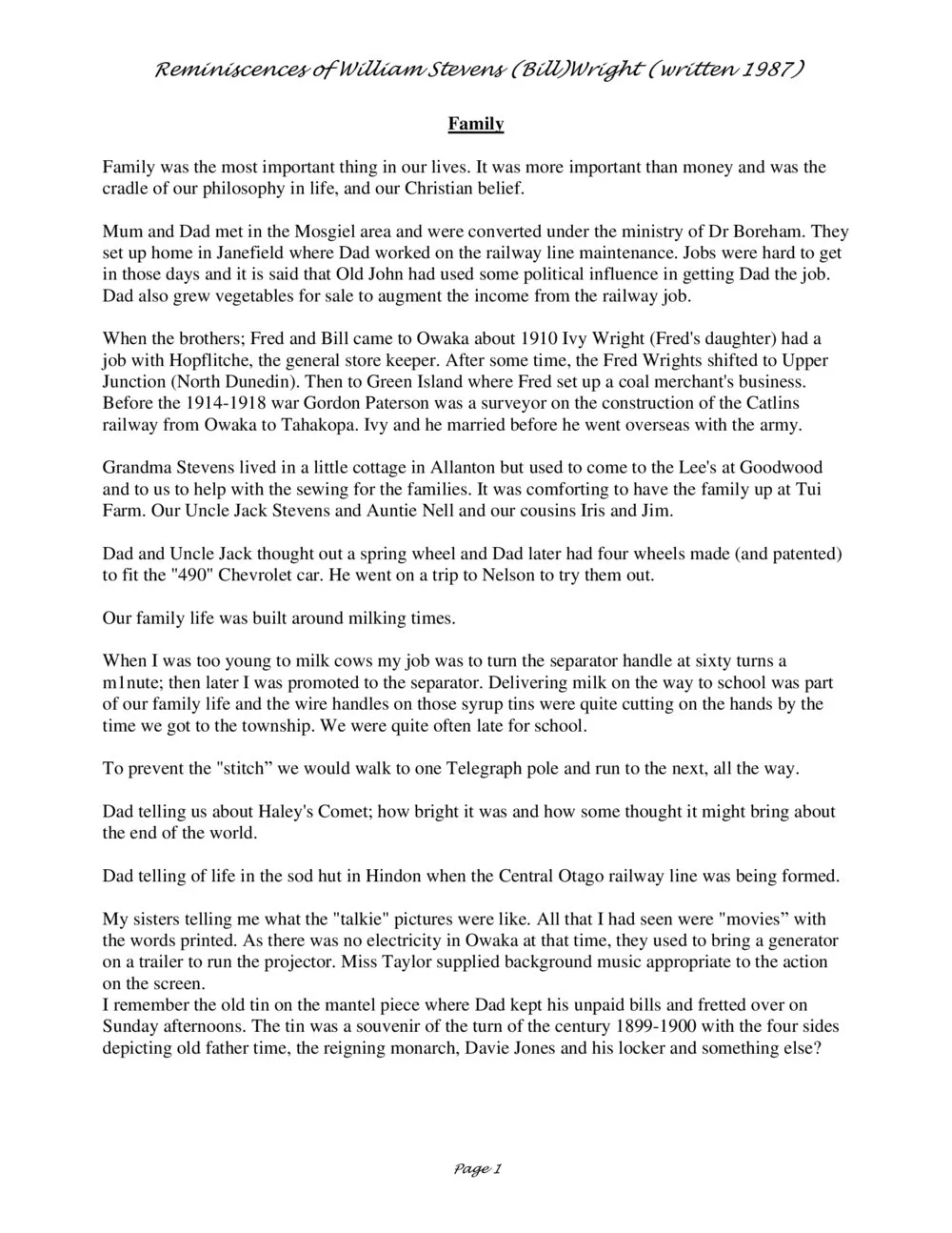 Memories of William Stevens (Bill) Wright | Record | DigitalNZ