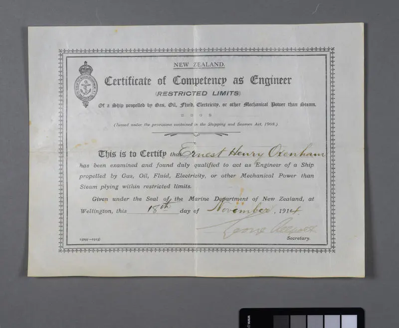 Certificate of competency as engineer issued to Ernest Henry Oxenham | Record | DigitalNZ