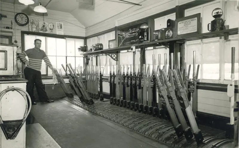 Signal box interior, Newmarket station, 1959 | Record | DigitalNZ