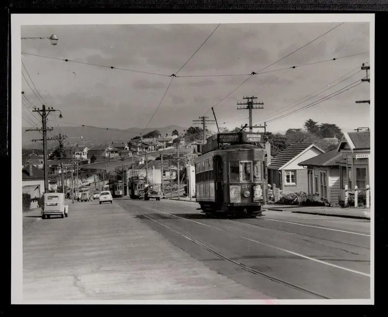 Tram 216 with two trams behind on New North Road | Record | DigitalNZ