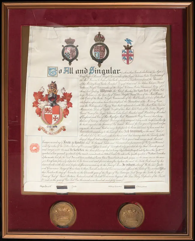 Illuminated deed establishing Sir Keith Park's Coat of Arms | Record | DigitalNZ