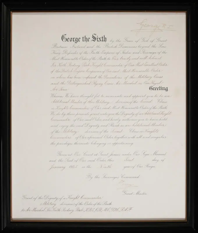 Deed of appointment of Sir Keith Park as Knight Commander of the Order of the Bath | Record ...