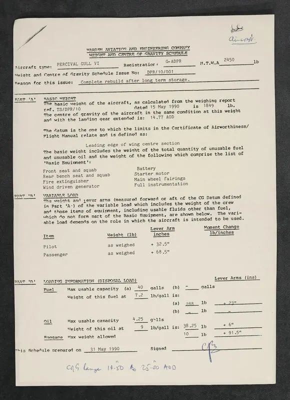 Weight and centre of gravity schedule for Percival Gull G-ADPR | Record ...
