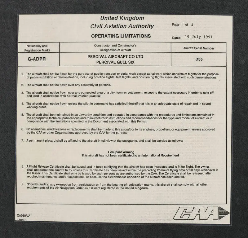 Operating limitations for Percival Gull G-ADPR two laminated copies ...