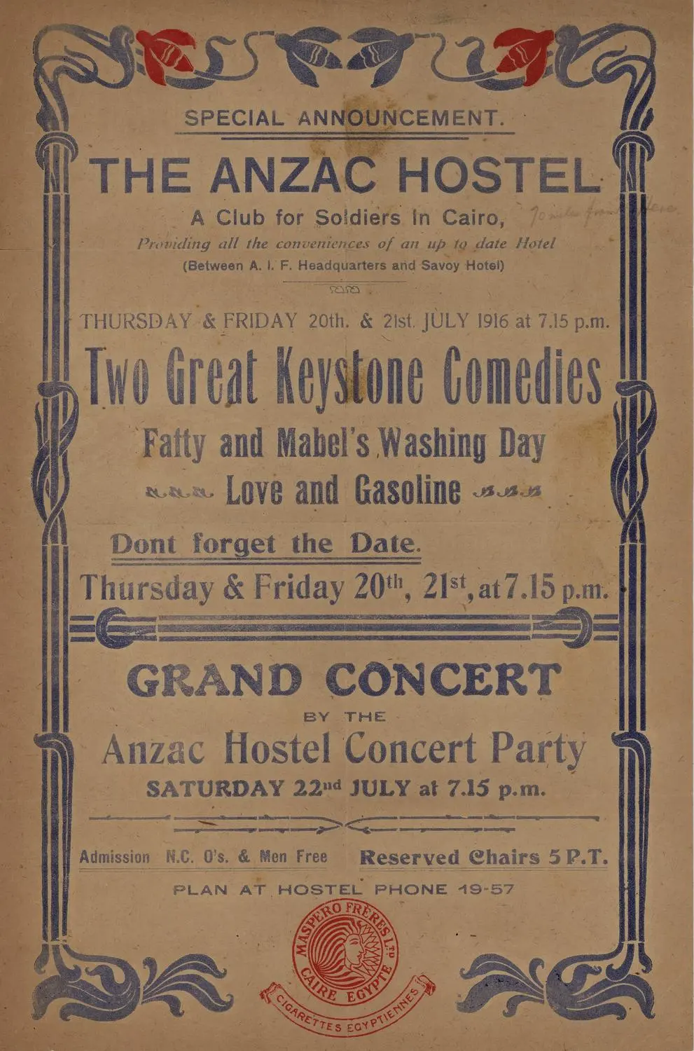 Leaflet - 'Two Great Keystone Comedies', Anzac Hostel, Cairo, Jul 1916 ...