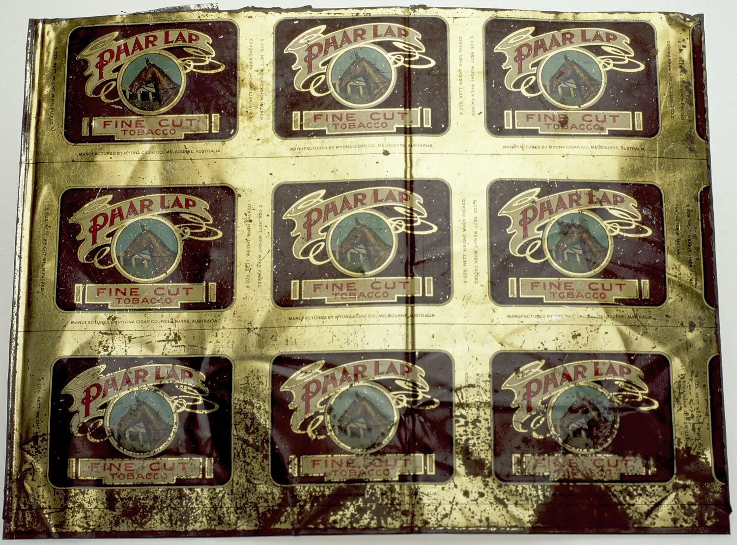 Sheet of Uncut Tin Lids - Myona Cigar Company, Phar Lap Fine Cut ...