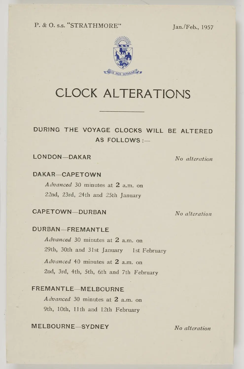 Information Card - Clock Alterations, SS Strathmore, 1957 | Record | DigitalNZ