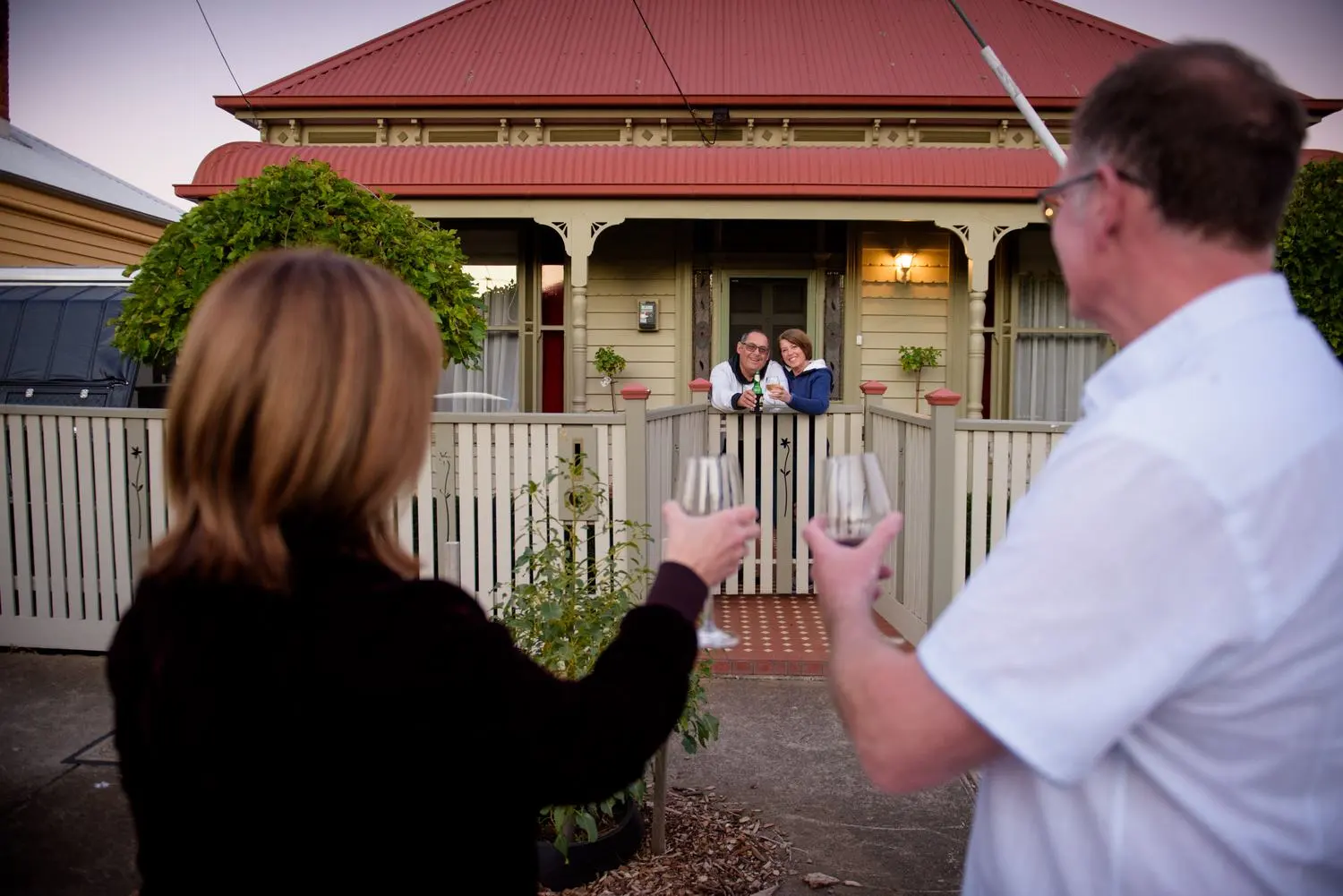 Digital Photograph - Neighbours Enjoy a Socially Distant Glass of Wine ...