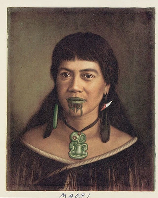 Painting by C. Frederick Goldie of Young Woman in Flax-Fiber Dress with Taniko Border and with ...