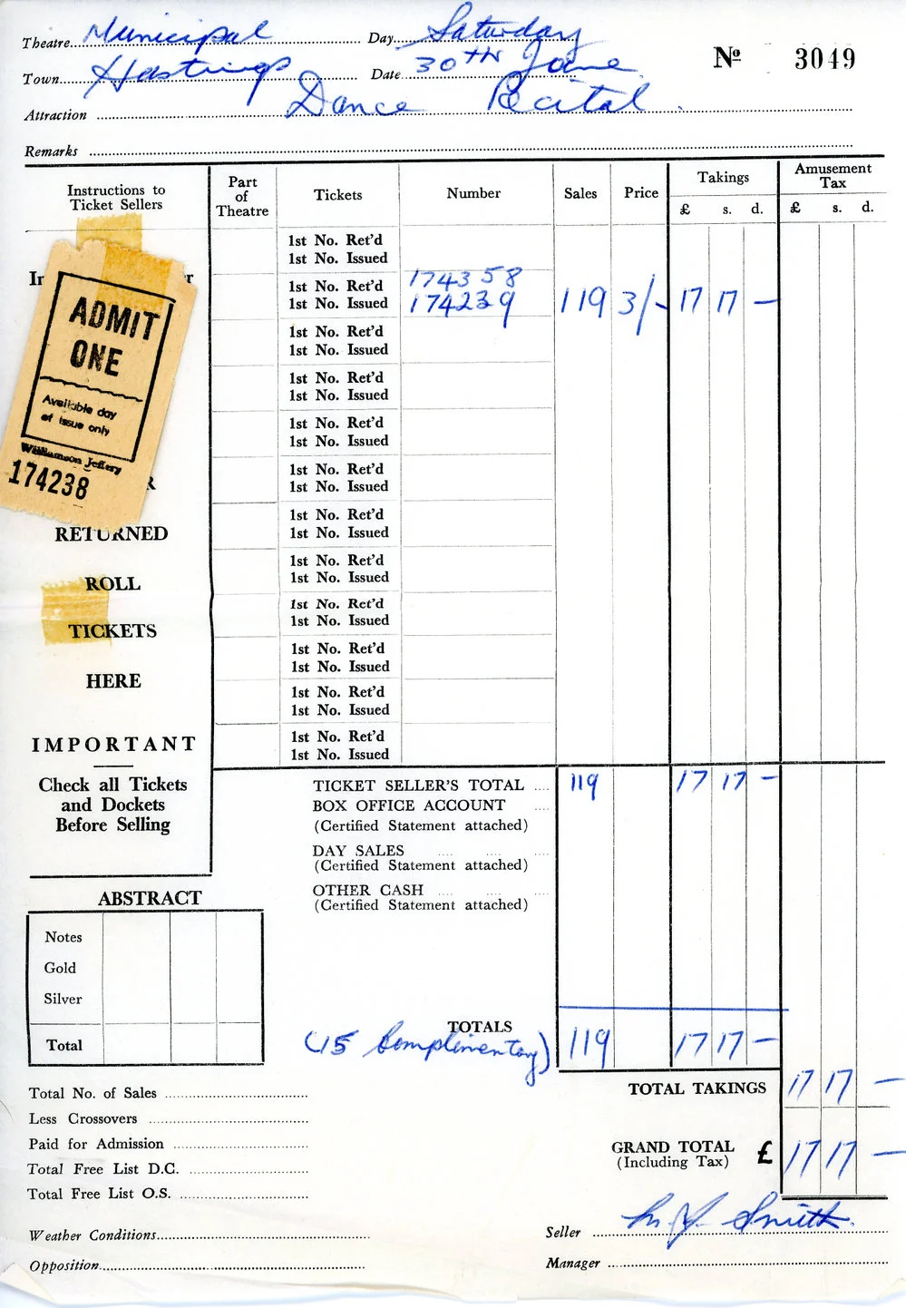 Municipal Theatre Ticket and Docket | Record | DigitalNZ