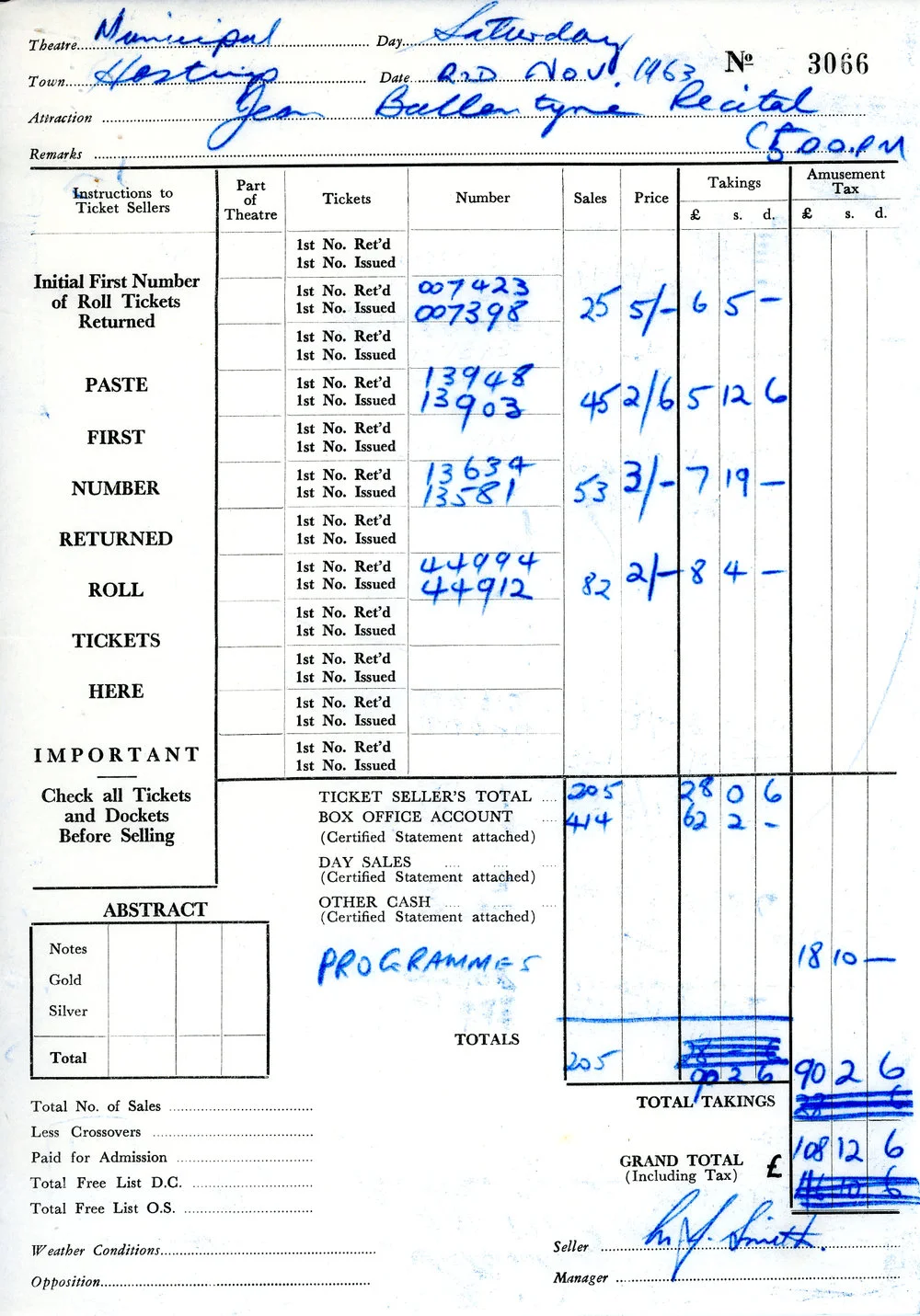 Municipal Theatre Recital Tickets Docket | Record | DigitalNZ