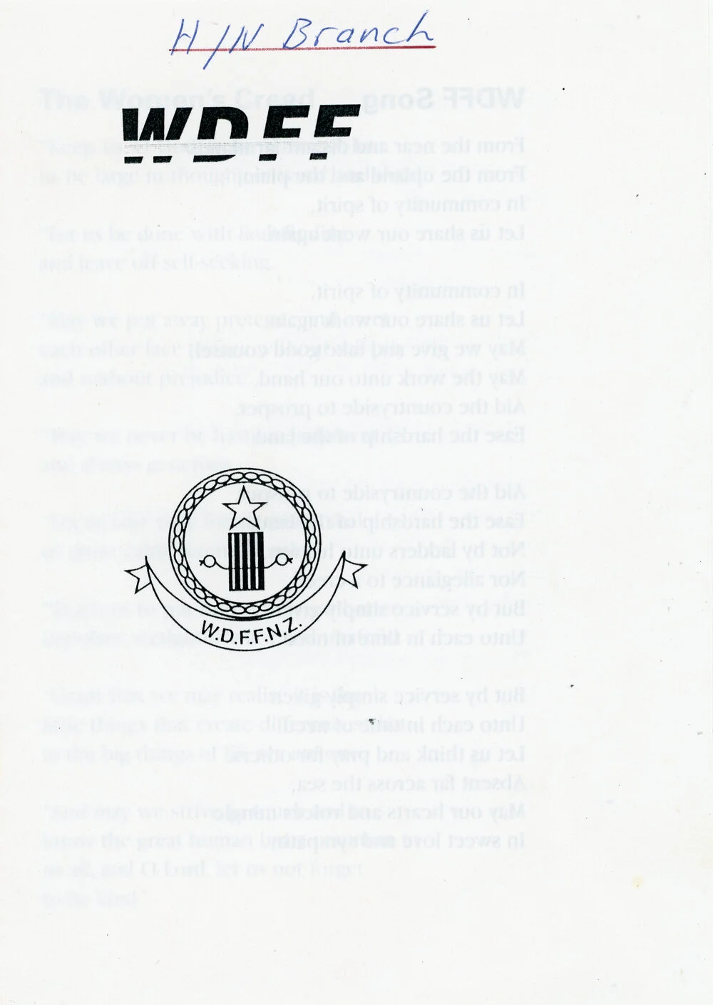 WDFF Song, Creed and Prayer | Record | DigitalNZ