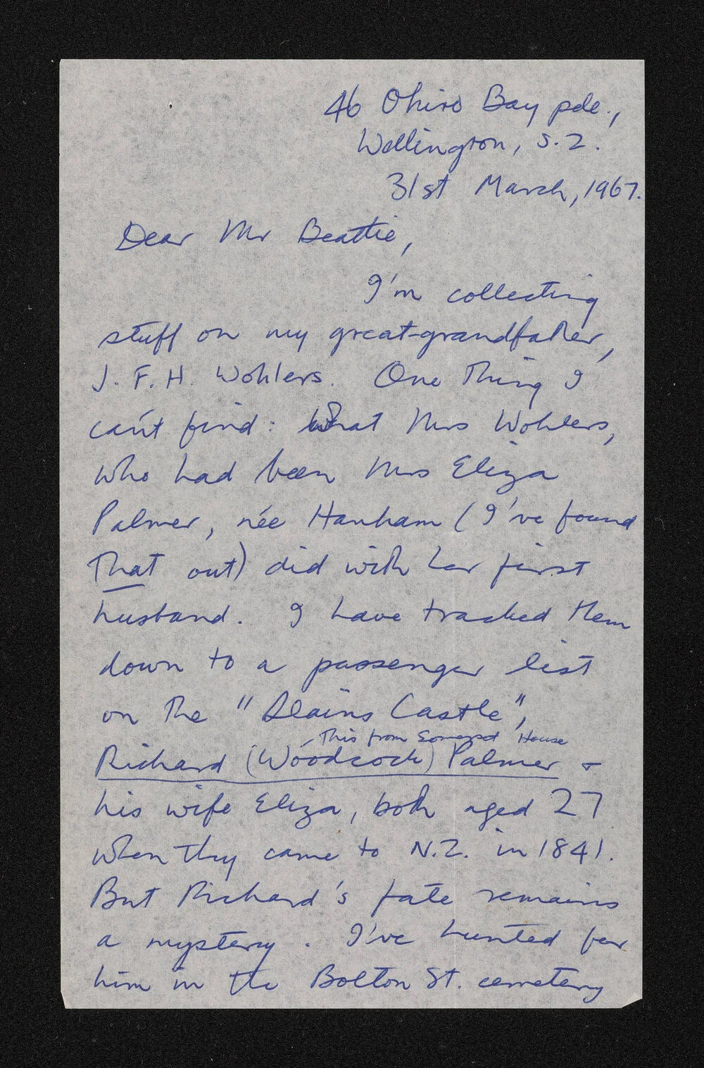 Letter, 31 March 1967, from Sheila Natusch to Herries Beattie | Record ...
