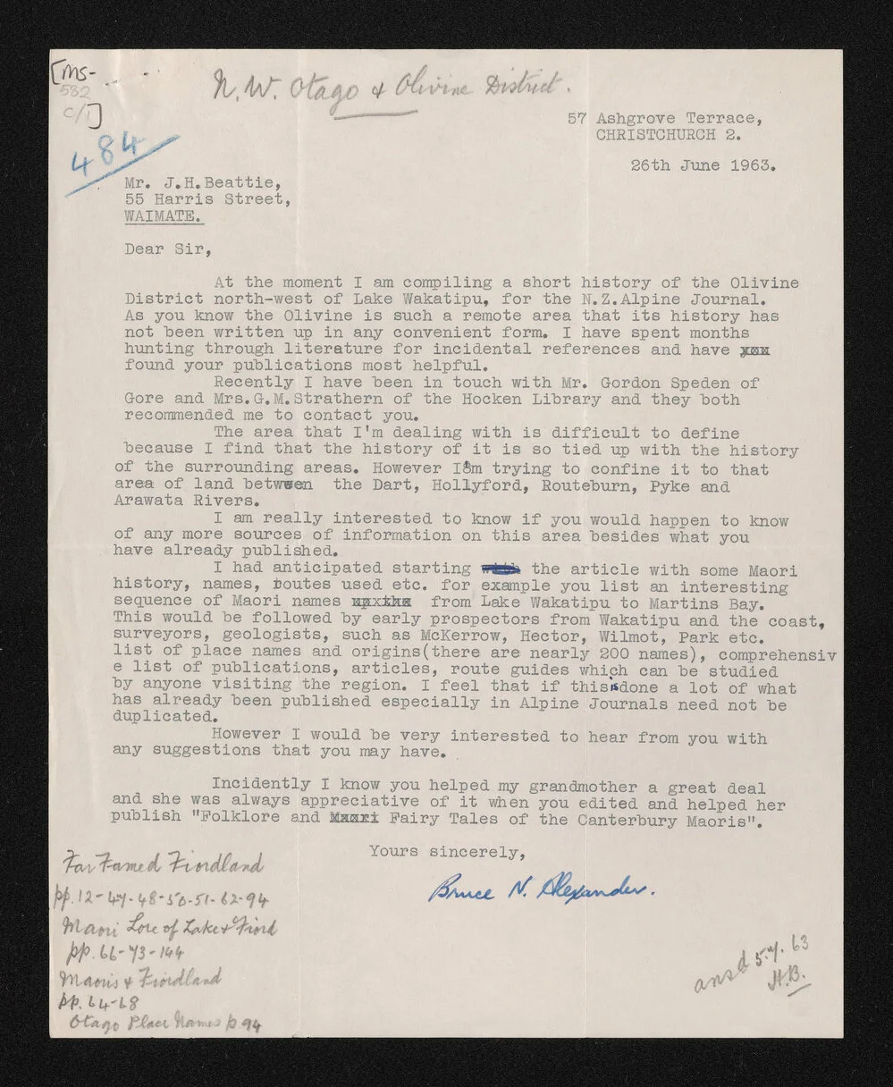 Letter, 26 June 1963, from Bruce Alexander, to Herries Beattie | Record ...