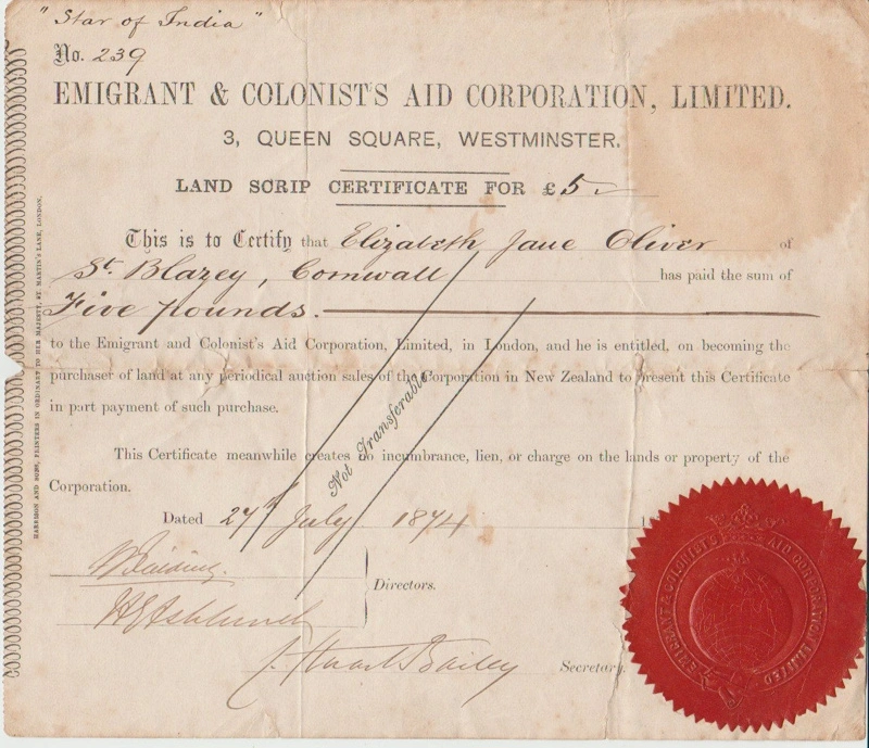 Land Script certificate issued by the Emigrant & Colonist's Aid Corporation, Ltd. | Record ...