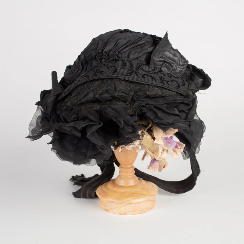 Bonnet, Black with Ruching, Ribbon and Floral Decorations | Record | DigitalNZ
