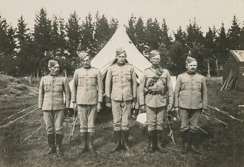 Photograph, Five Men from Murihiku Mounted Rifles in front of a Tent | Record | DigitalNZ