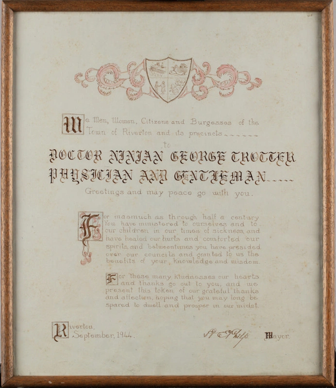 Framed citation, From the people of Riverton to Dr. Ninian Trotter ...