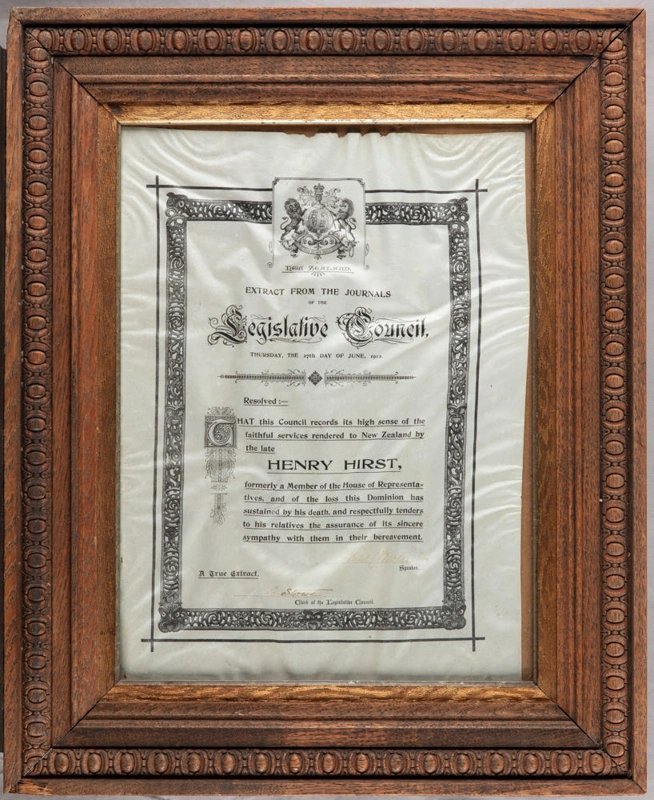 Framed certificate, Legislative Council to Henry Hirst | Record | DigitalNZ