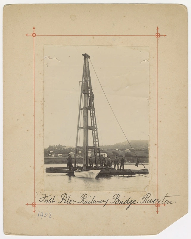 Photograph, First Pile, Railway Bridge Riverton. 1902 | Record | DigitalNZ