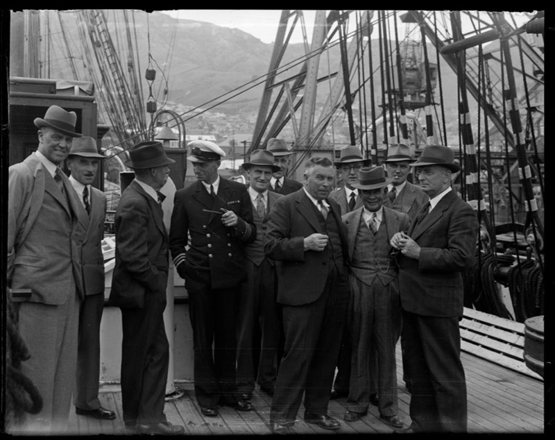 Officers aboard the barque "Pamir", berthed at No. 7 Wharf west ...