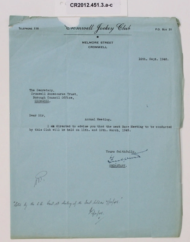 Cromwell Jockey Club correspondence | Record | DigitalNZ