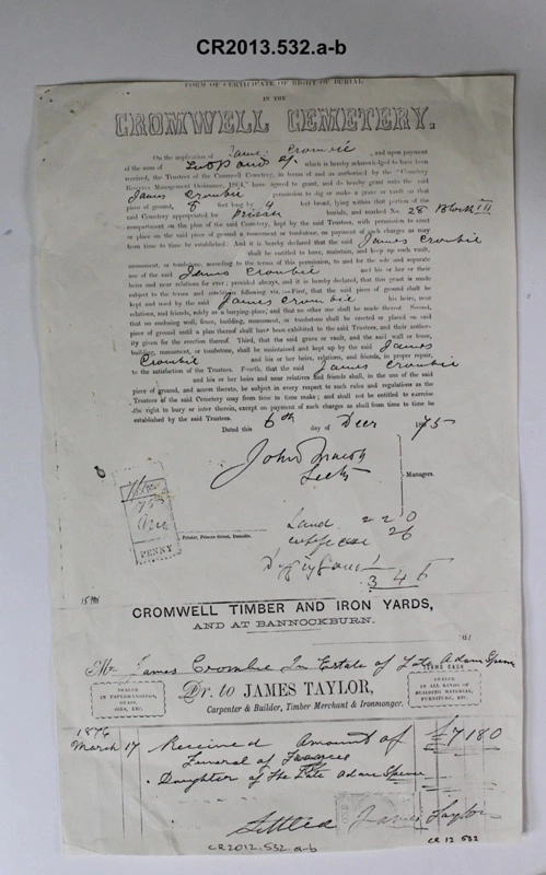 Certificate of Right of Burial and receipt for funeral | Record | DigitalNZ