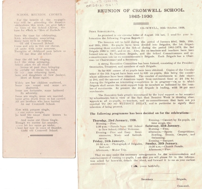 Notice of Cromwell School Reunion 1930 | Record | DigitalNZ