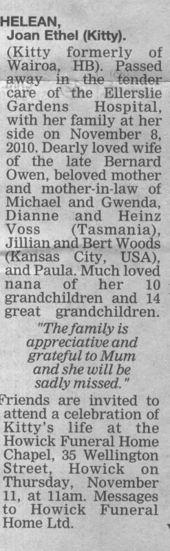 Helean, Joan Ethel Death Notice 2010 (Hawke's Bay Today) | Record ...